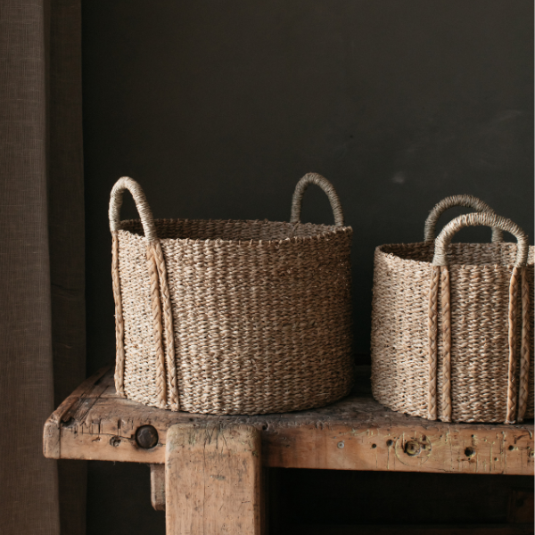 Nousta Large Seagrass Storage Baskets With Plaited Handles Gathered